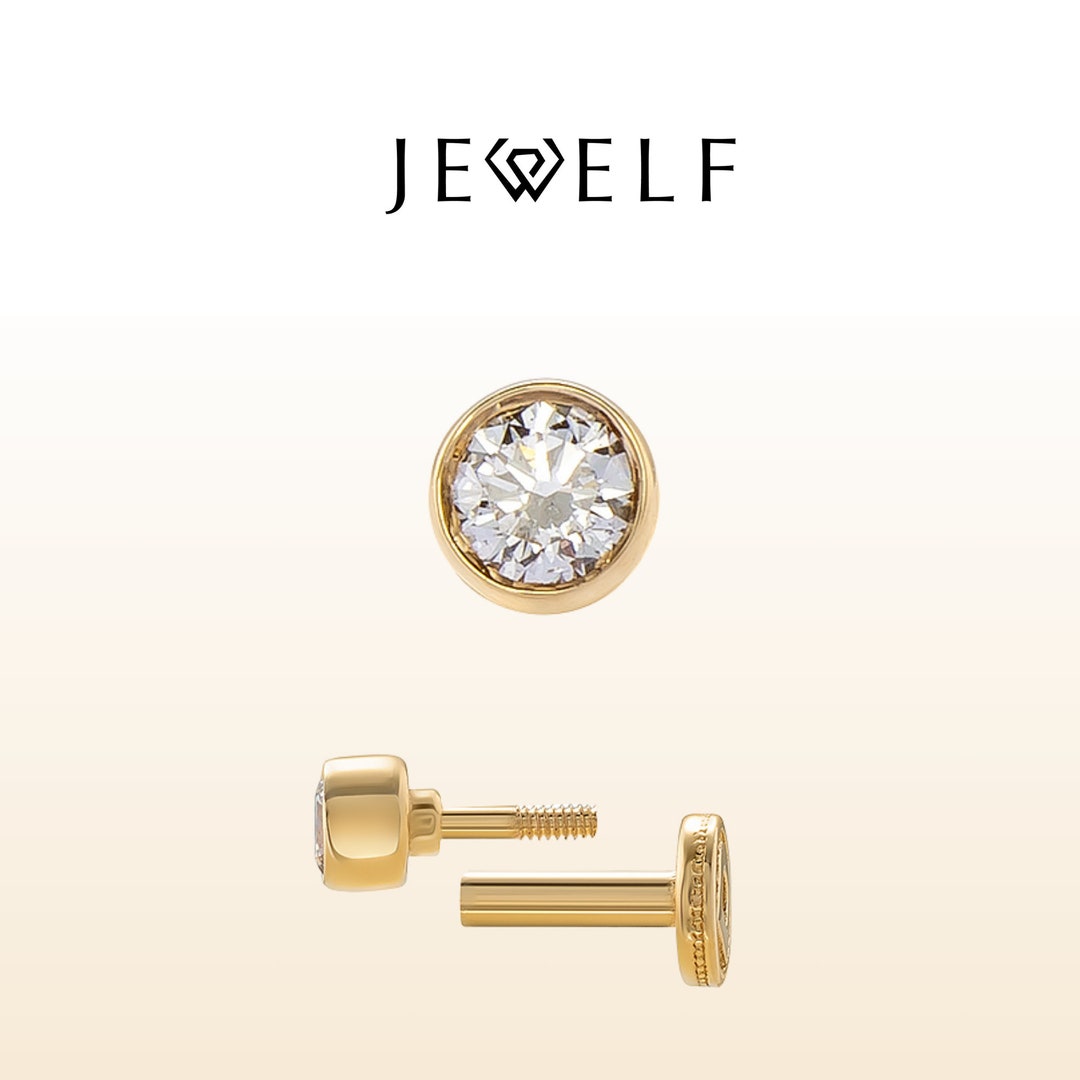 14K Gold Diamond Tragus Earring: Hypoallergenic Flat Back Stud - Etsy
