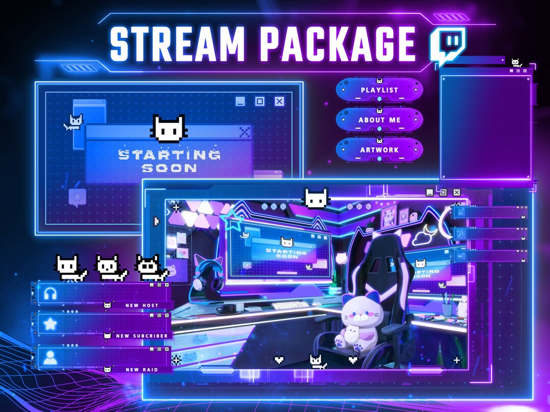 Lofi Neon Cat Stream Overlay Package - Animated Twitch Screens - Etsy