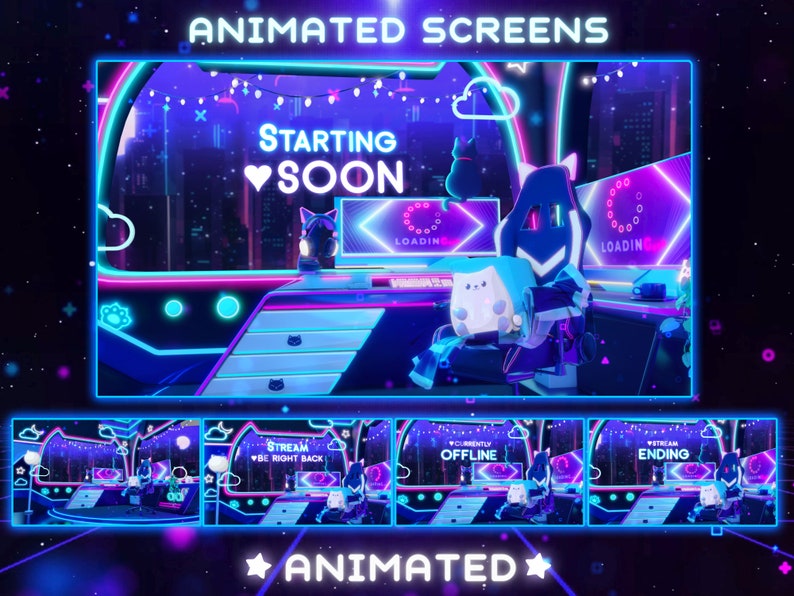 Stream Overlay Package Lofi Neon Cat Twitch Stream Screens Neon Stream ...