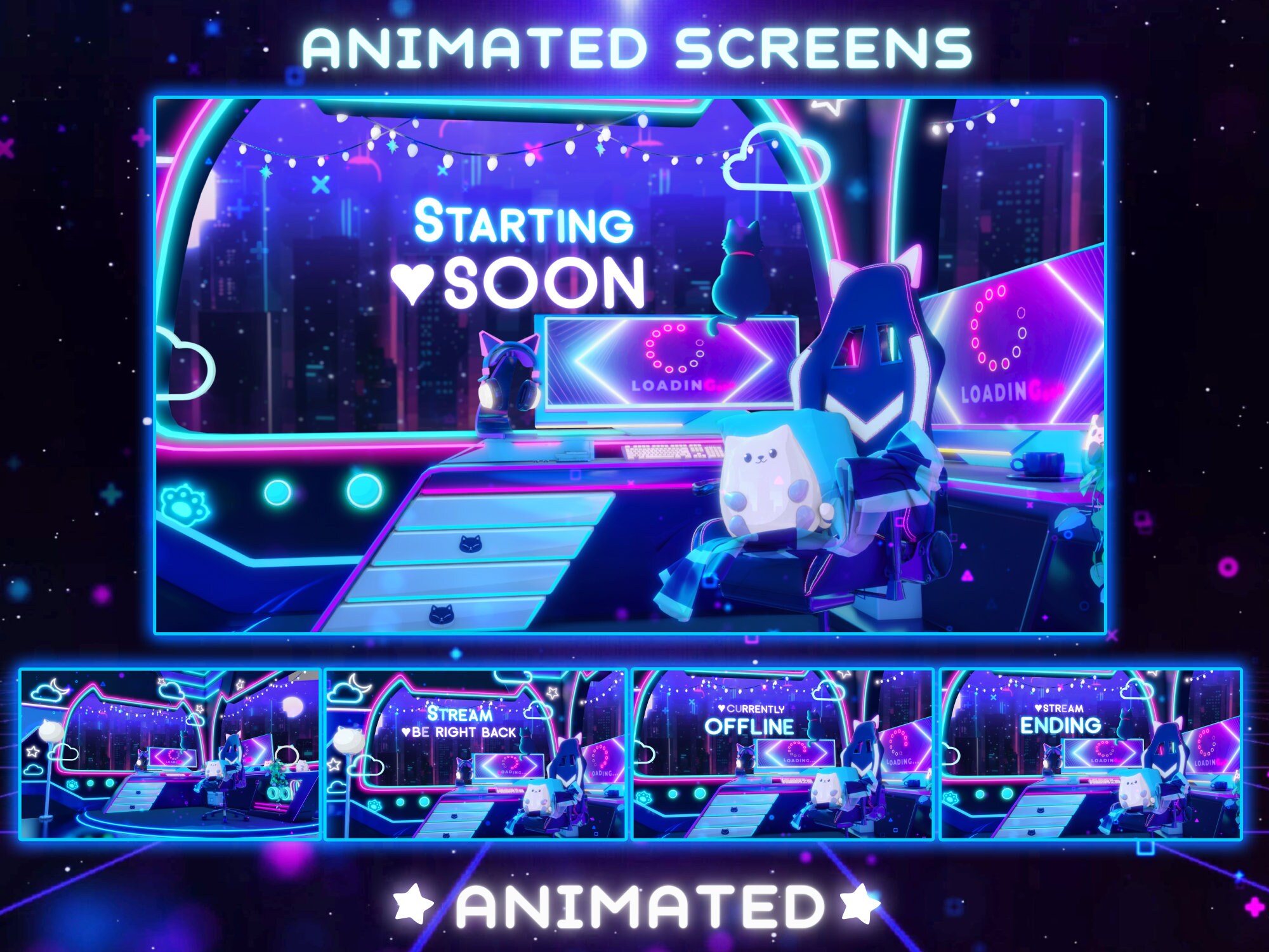 Lofi Neon Cat Stream Overlay Package: Twitch Screens (digital Download ...