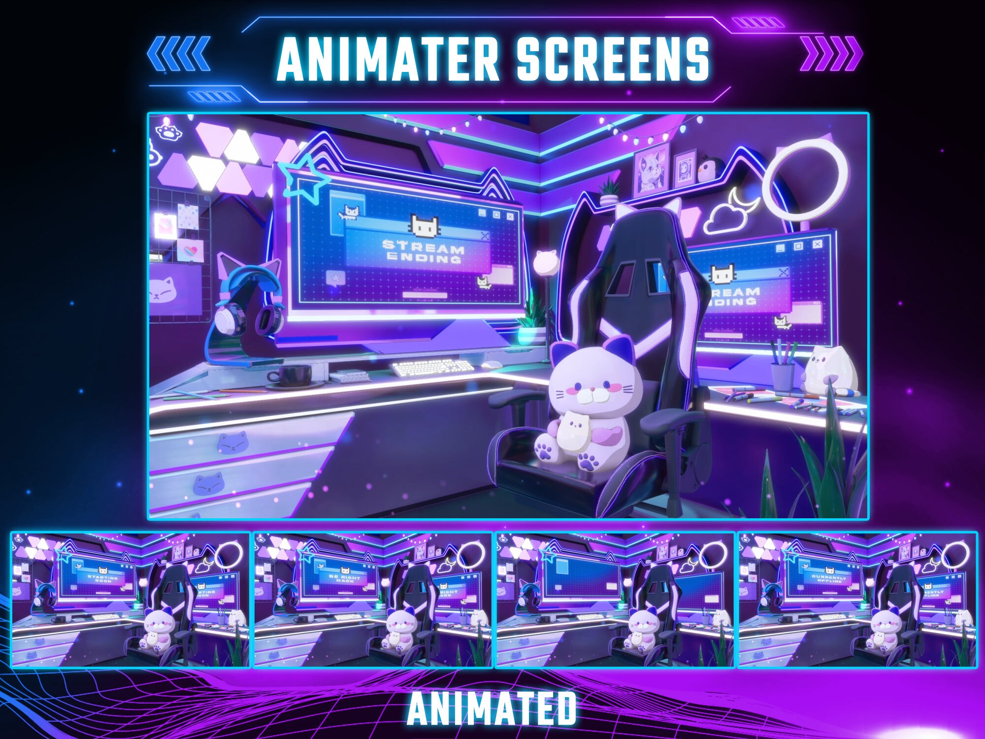 Lofi Neon Cat Stream Overlay Package - Animated Twitch Screens - Etsy