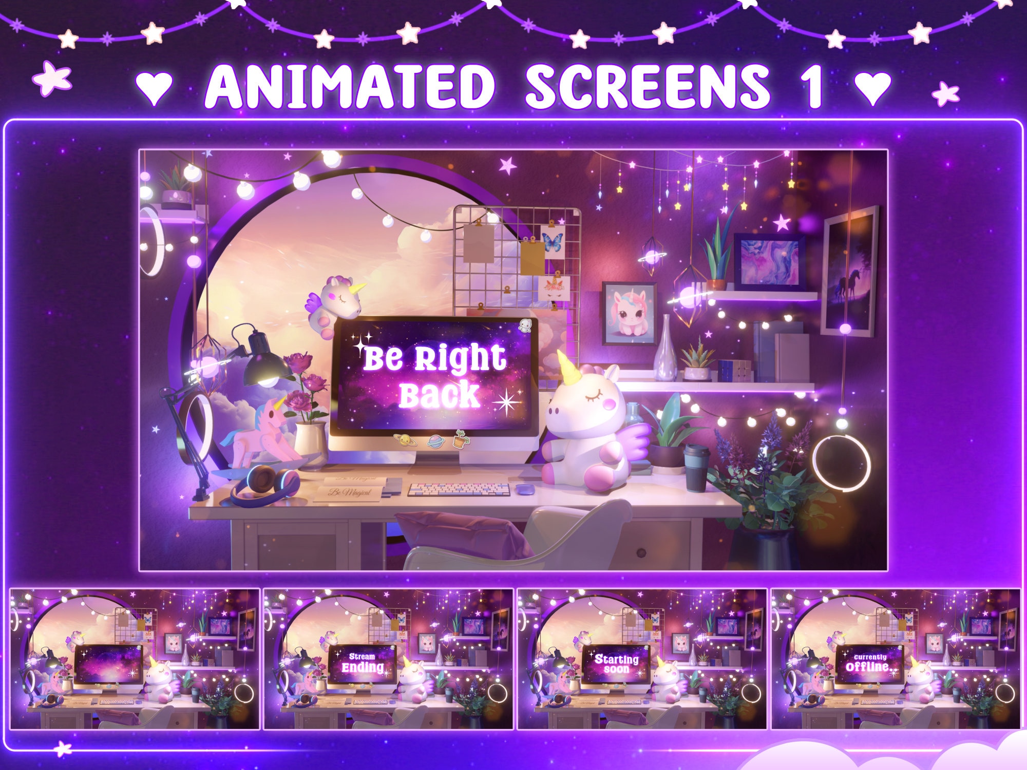 Lofi Unicorn Stream Overlay Package: Animated Twitch Screens (digital ...