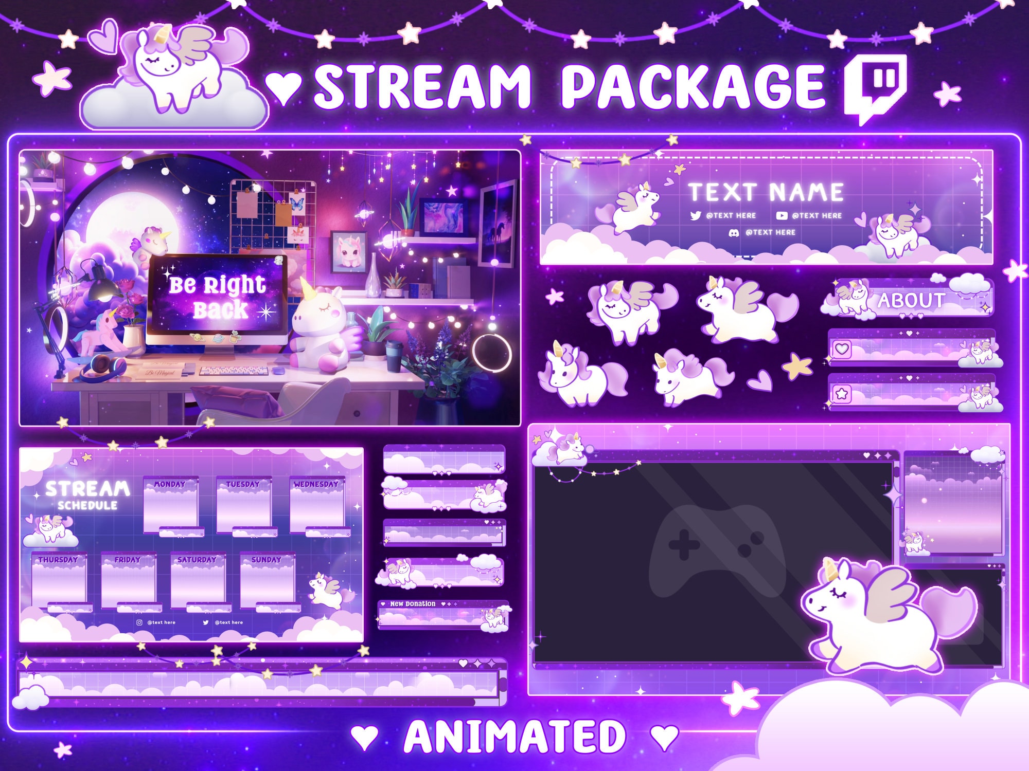 Lofi Unicorn Stream Overlay Package: Animated Twitch Screens (digital ...