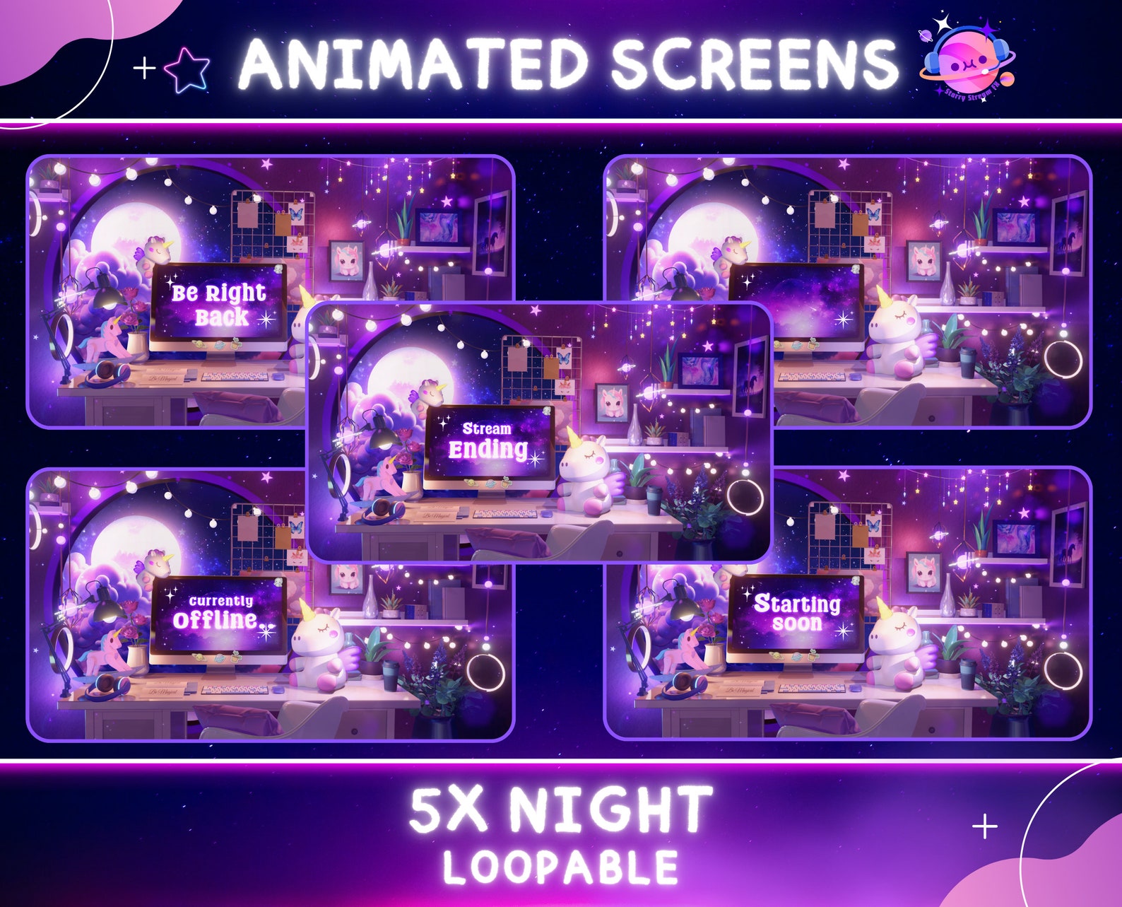 Unicorn Animated Twitch Screens: Cozy Lofi Stream Package (10x Screens ...