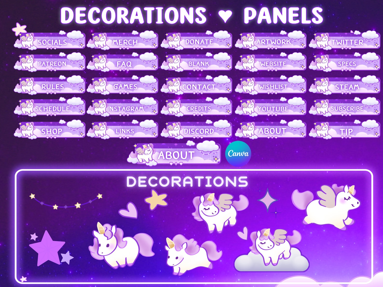 Lofi Unicorn Stream Overlay Package: Animated Twitch Screens (digital ...