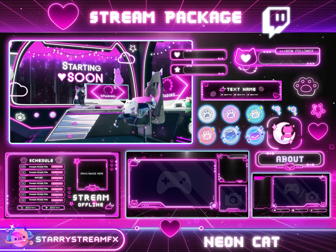 Lofi Neon Cat Stream Overlay Package - Pink Twitch Screens (digital ...