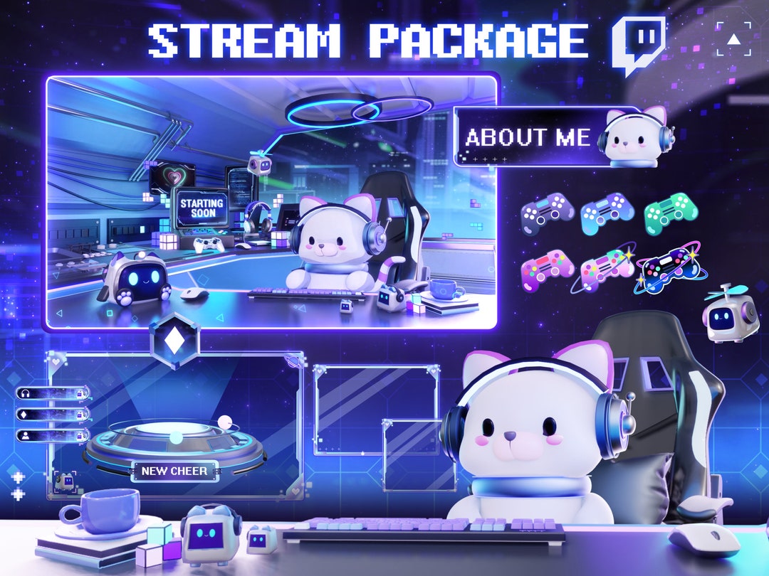 Stream Overlay Package Gaming Neon Room - Twitch Stream Screens - Cat ...