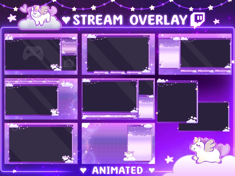 Lofi Unicorn Stream Overlay Package: Animated Twitch Screens (digital ...