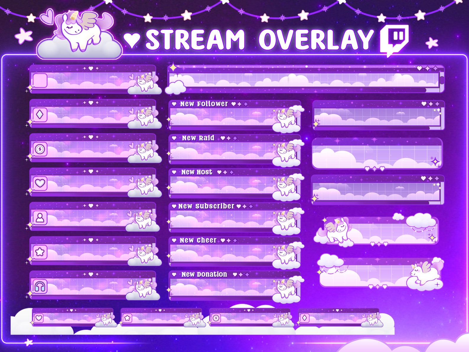 Lofi Unicorn Stream Overlay Package: Animated Twitch Screens (digital ...