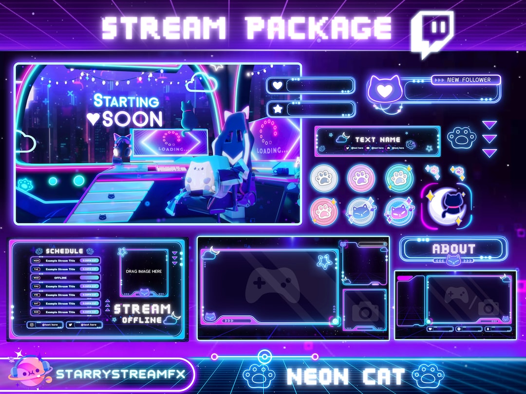 Lofi Neon Cat Stream Overlay Package: Twitch Screens (digital Download ...
