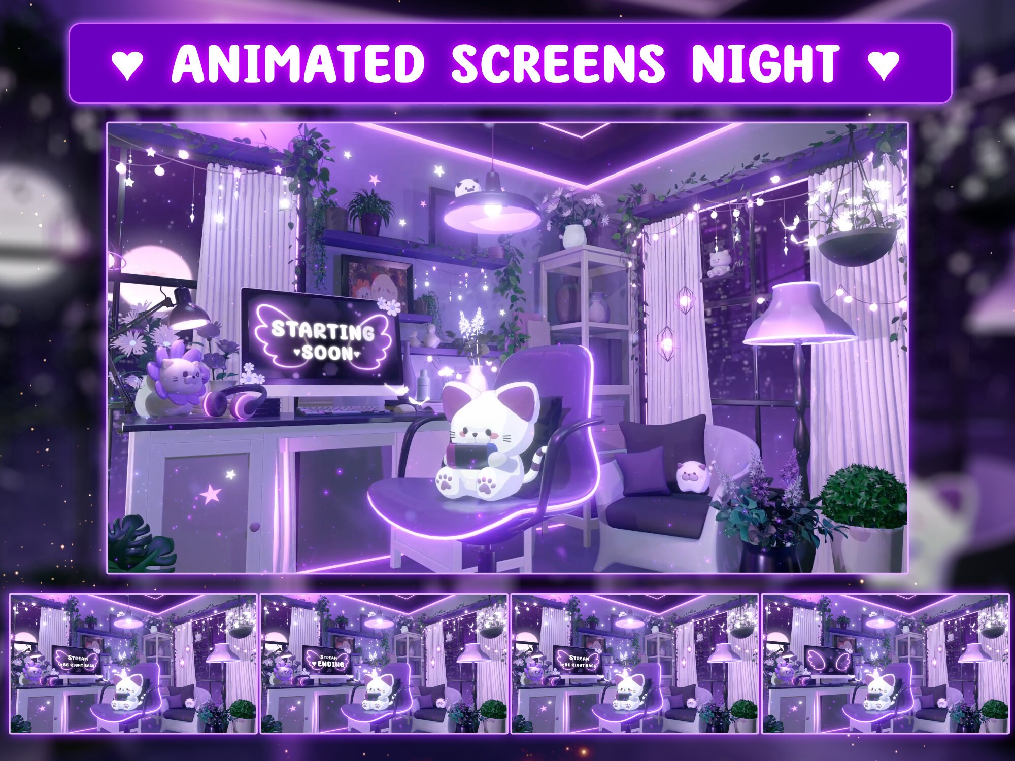 Stream Overlay Package Cozy Purple Room Cat - Twitch Stream Screens ...