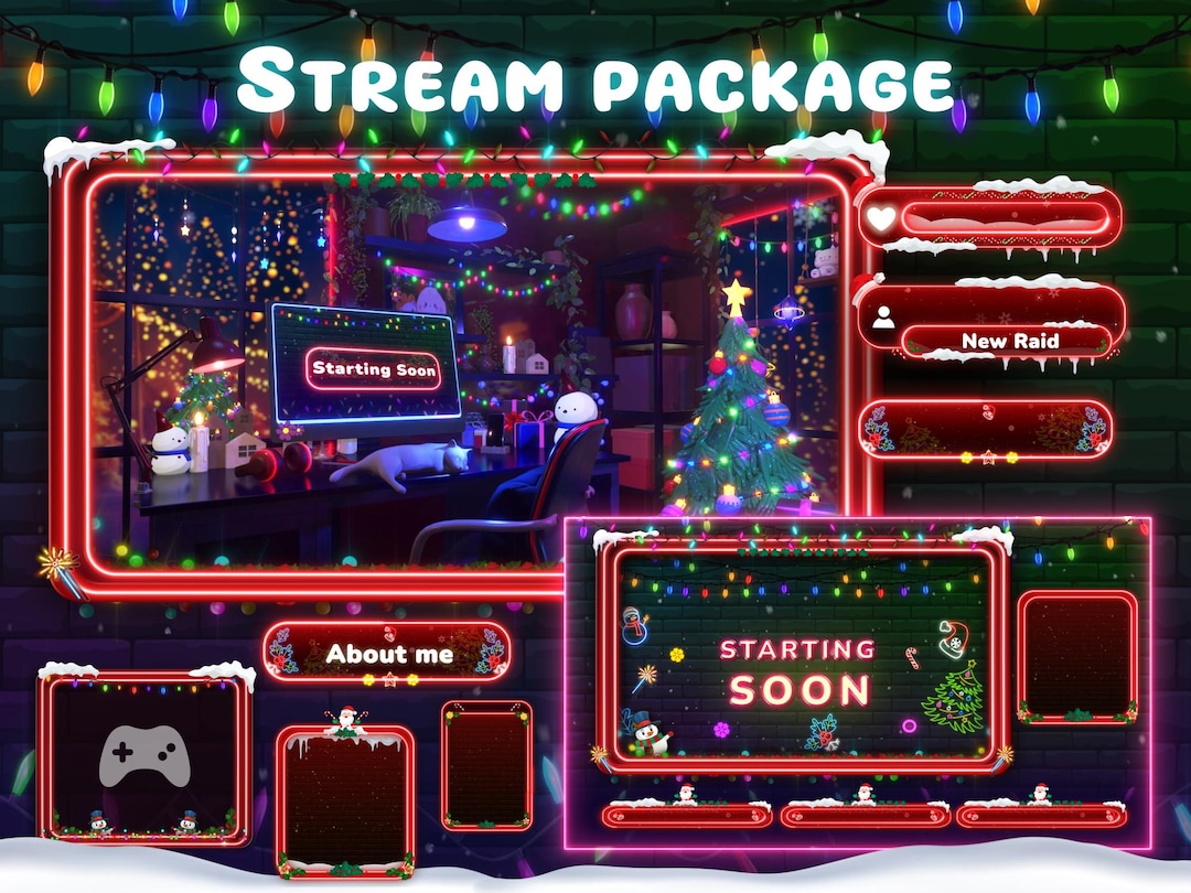 Neon Christmas Stream Overlay Package: Animated Twitch Screens (digital ...