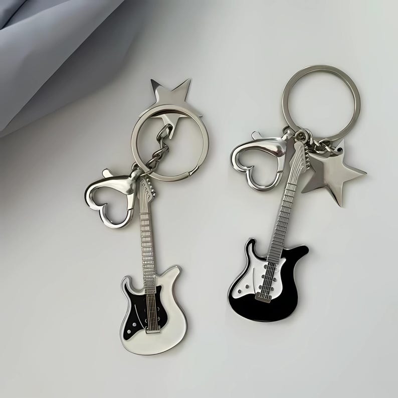 Electric Guitar Keychain, Retro Star Pendant, Bass Keyring, Zinc Alloy ...