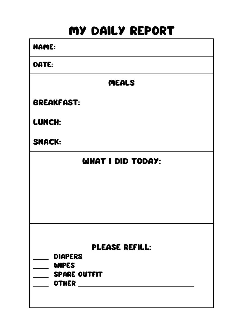My Daily Report for Daycares, Teachers, Etc. - Etsy