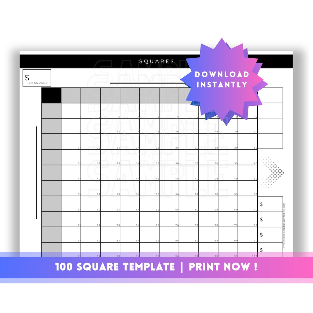Football Pool Squares: 100 Box Grid - Printable Fundraiser (PDF) - Etsy