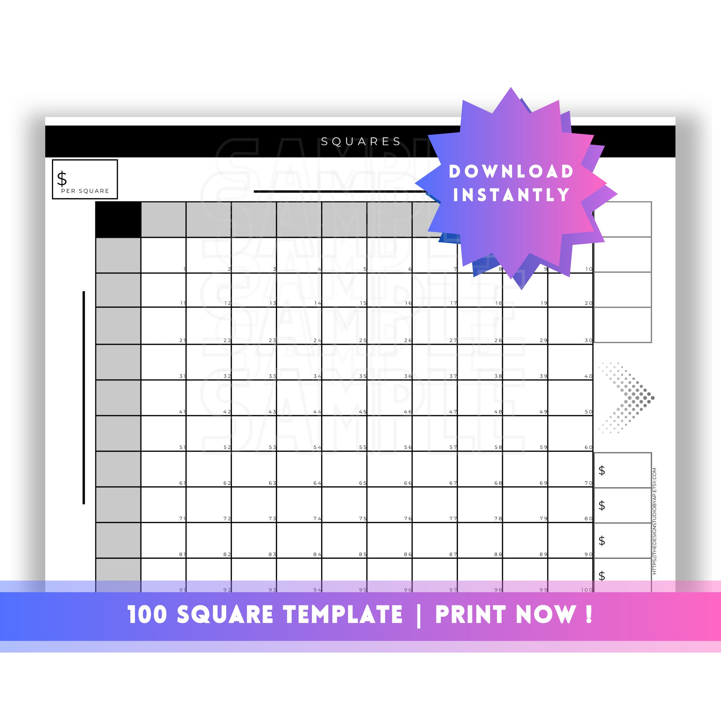 Football Pool Squares: 100 Box Grid - Printable Fundraiser (PDF) - Etsy