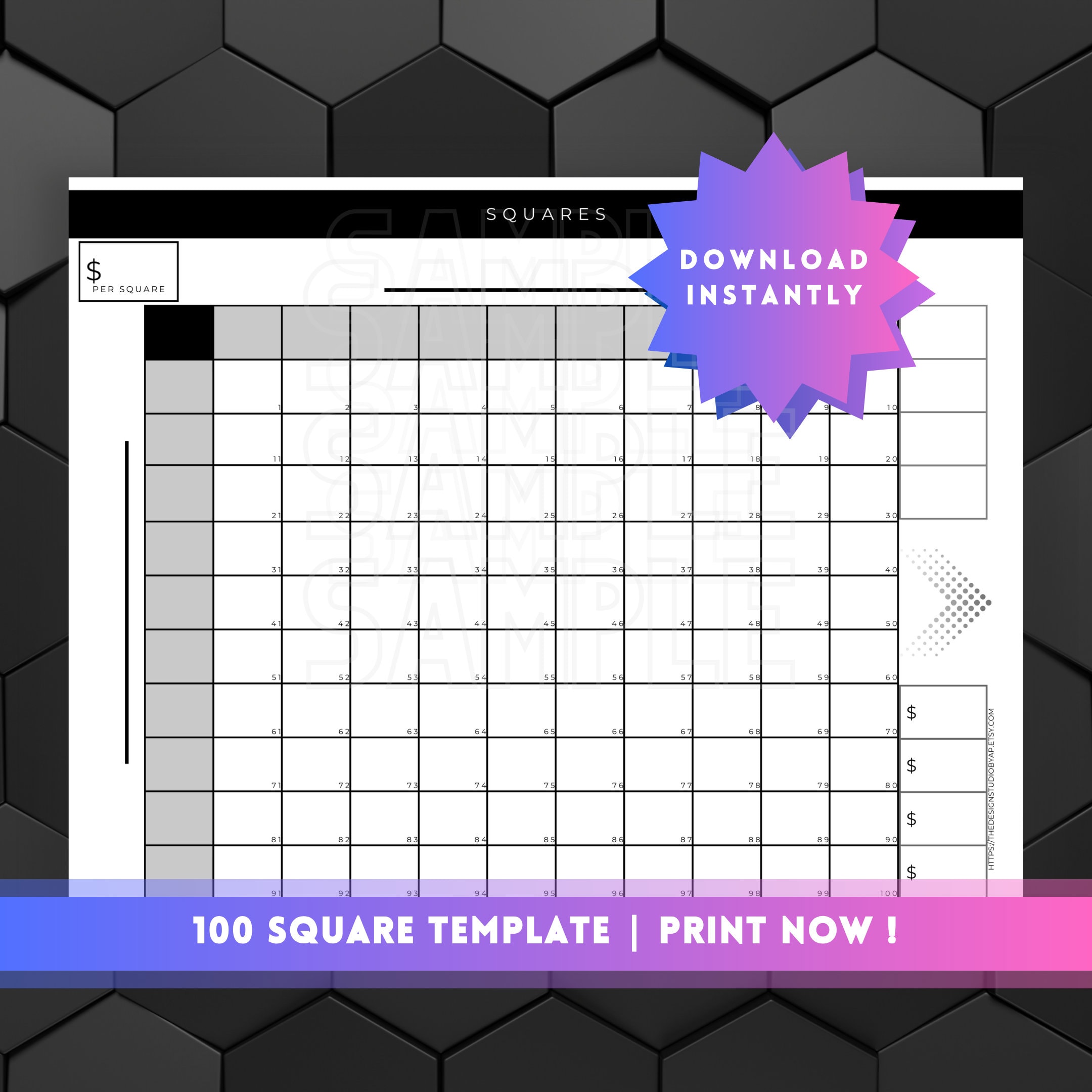 Fundraiser Squares Template: 100 Numbered Grid (printable PDF) - Etsy