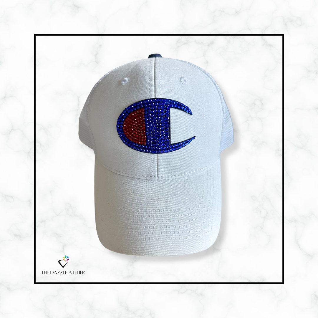 Bedazzled Champion Fashionista Snapback Hat With Blue and Red Crystal ...