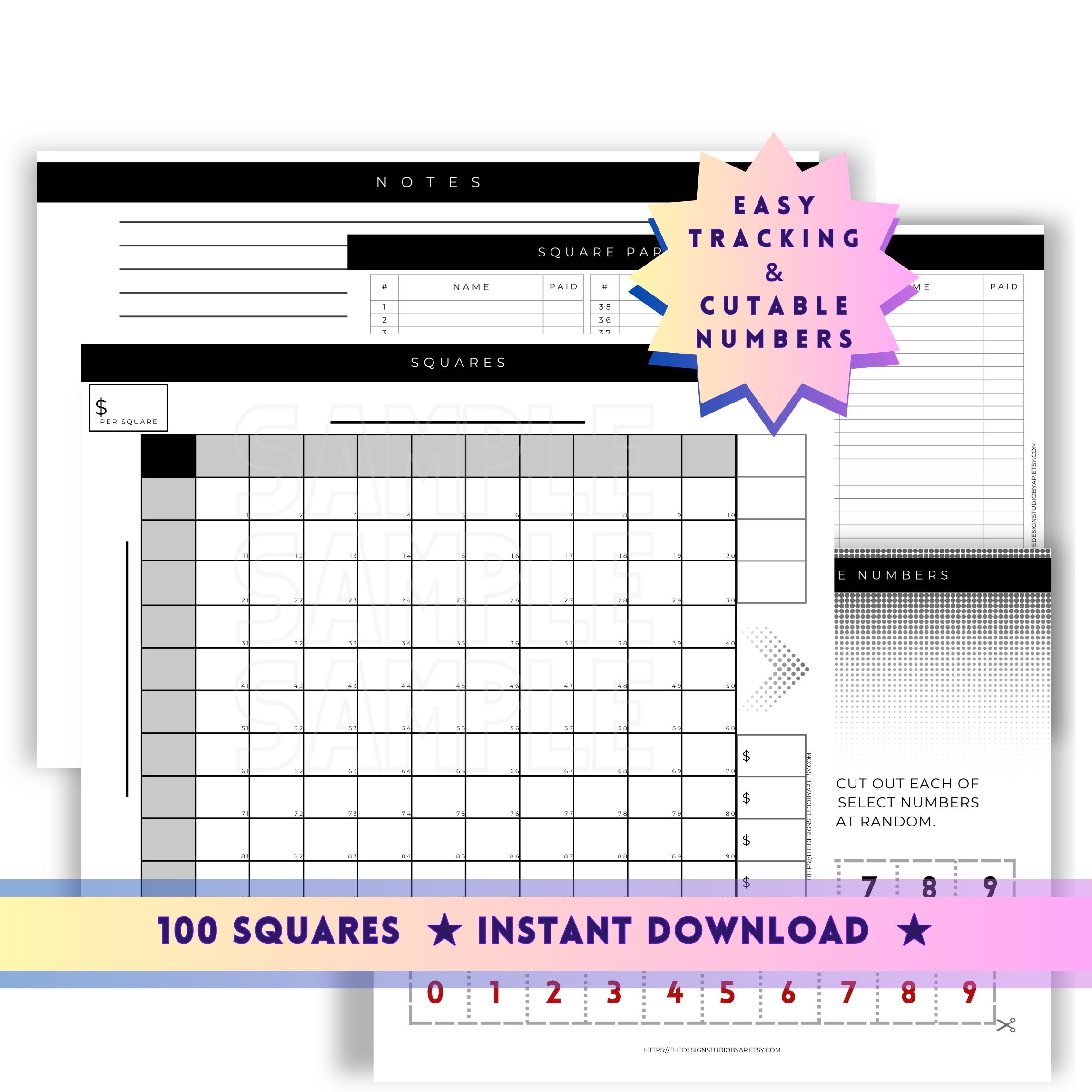 Football Squares Template: 100 Numbered Boxes (digital Download) - Etsy