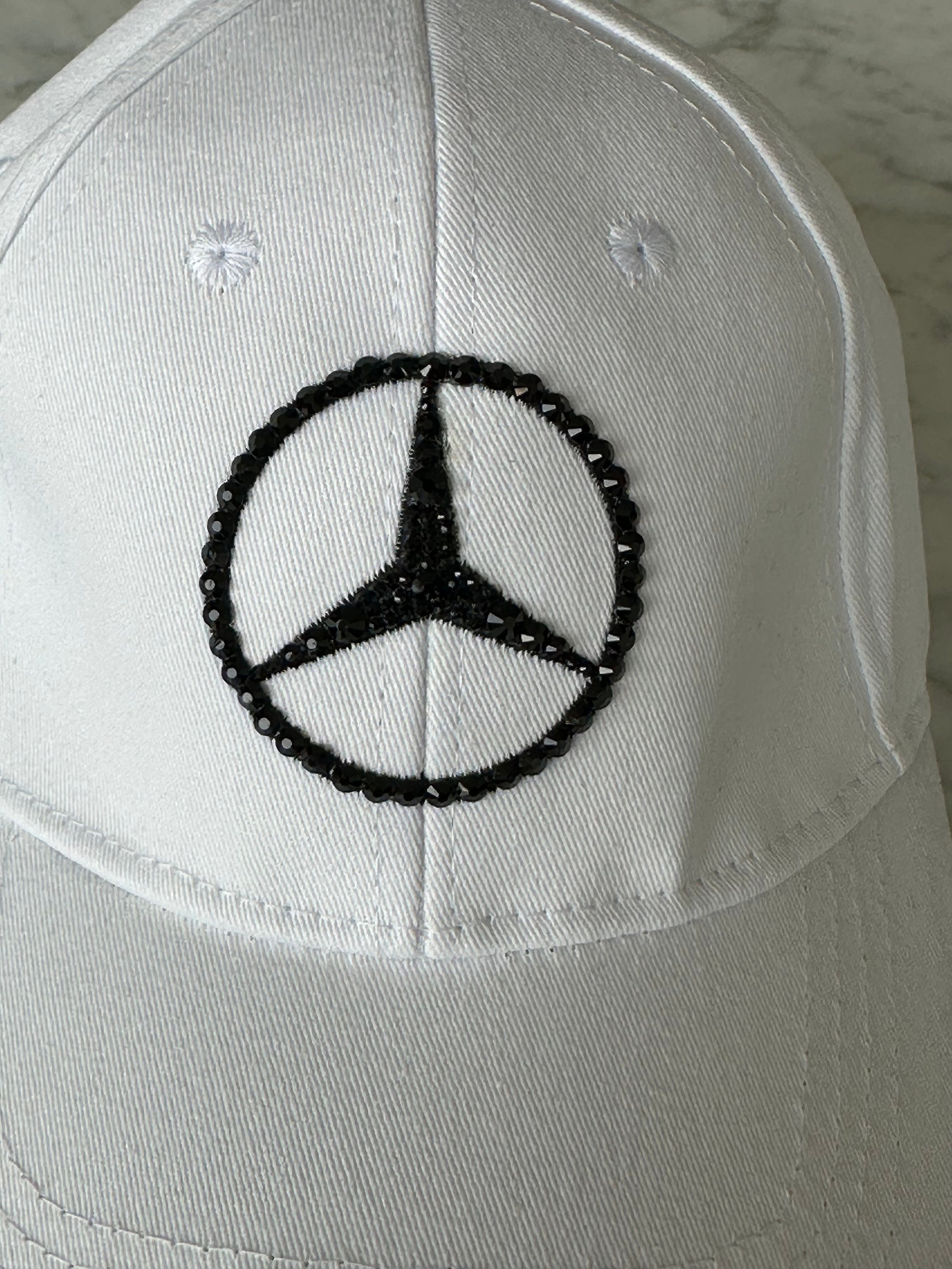 Bedazzled Mercedes Benz F1 White Hat With Black Crystal Gems and ...