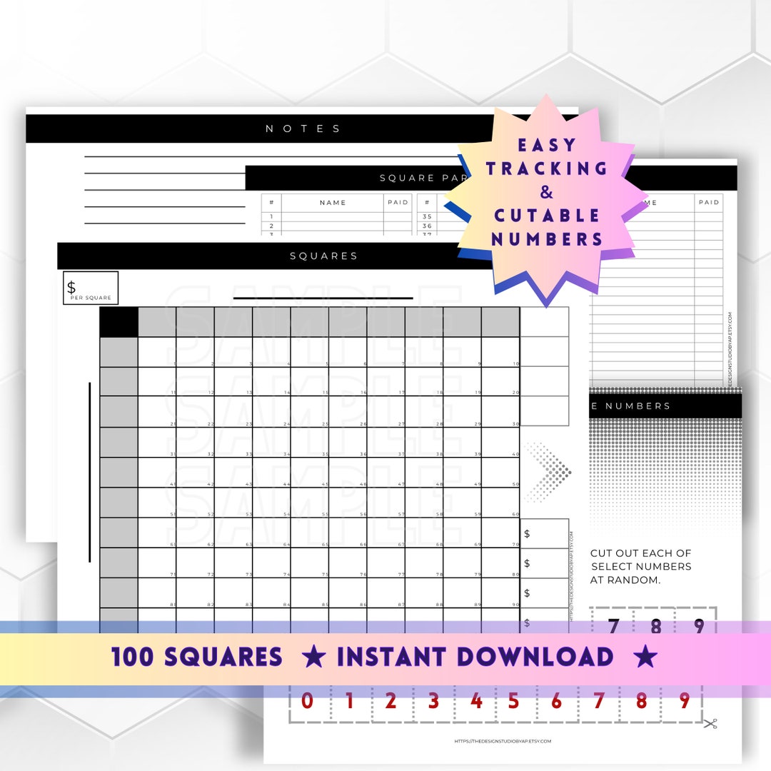Instant Print 100 Square Template Grid for Party Games or Office Pool ...