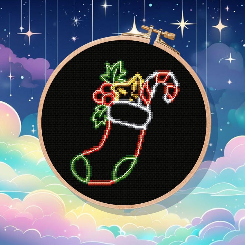 Neon Christmas Stocking Cross Stitch Pattern: Beginner Modern Design ...