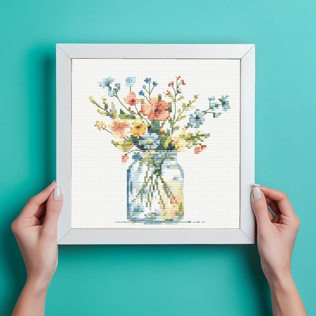 Wildflower Jar Cross Stitch Pattern: Rustic Floral Bouquet (PDF Pattern ...