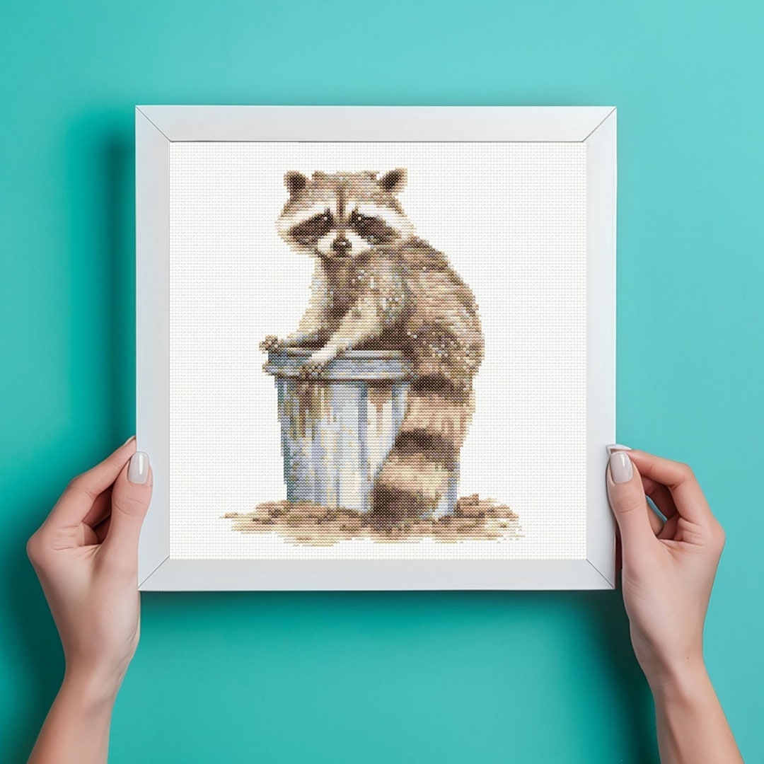 Raccoon on Trash Can Cross Stitch Pattern, Watercolour, Rustic, Animal ...