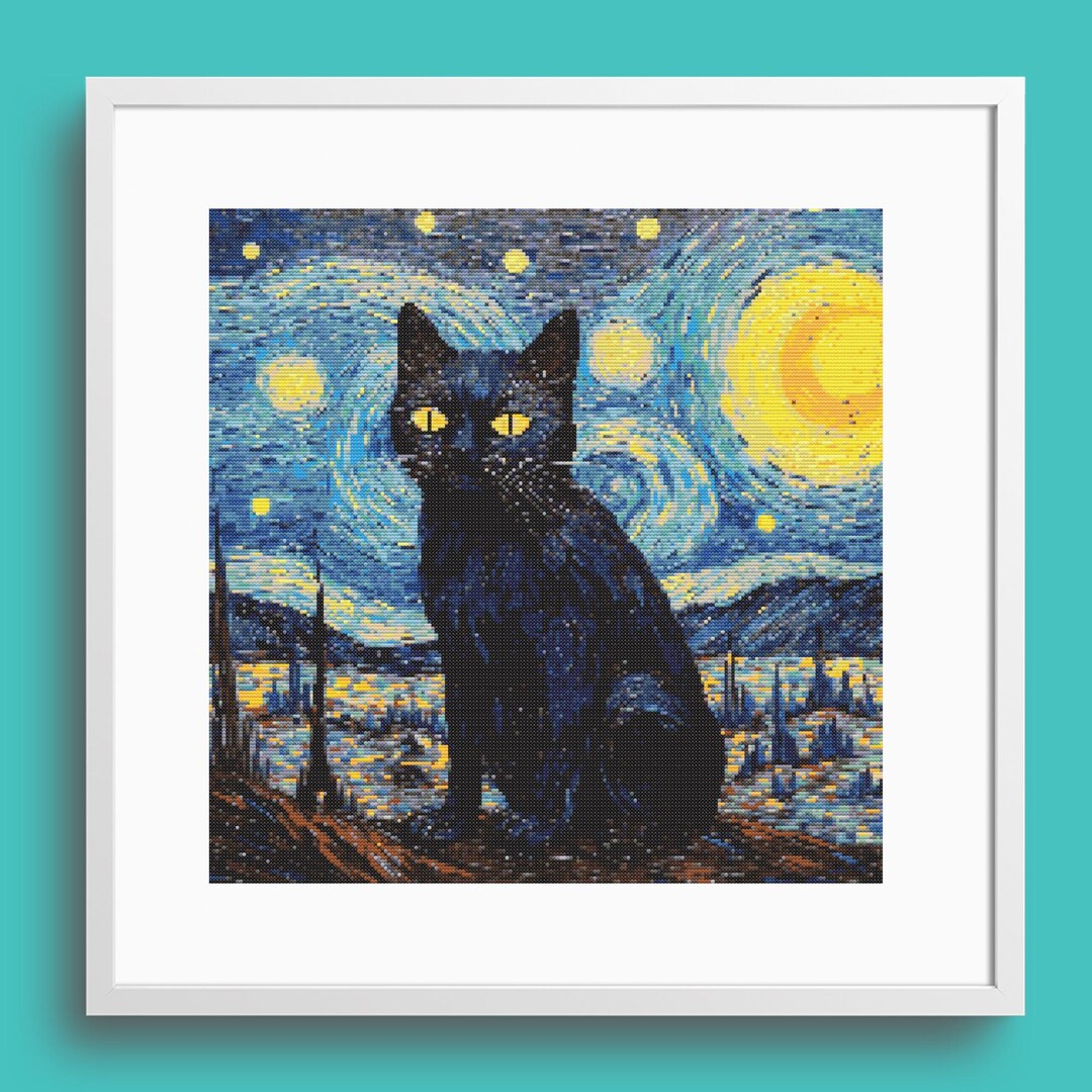 Van Gogh Style Kitty Cross Stitch Pattern, Full Coverage, Pattern ...