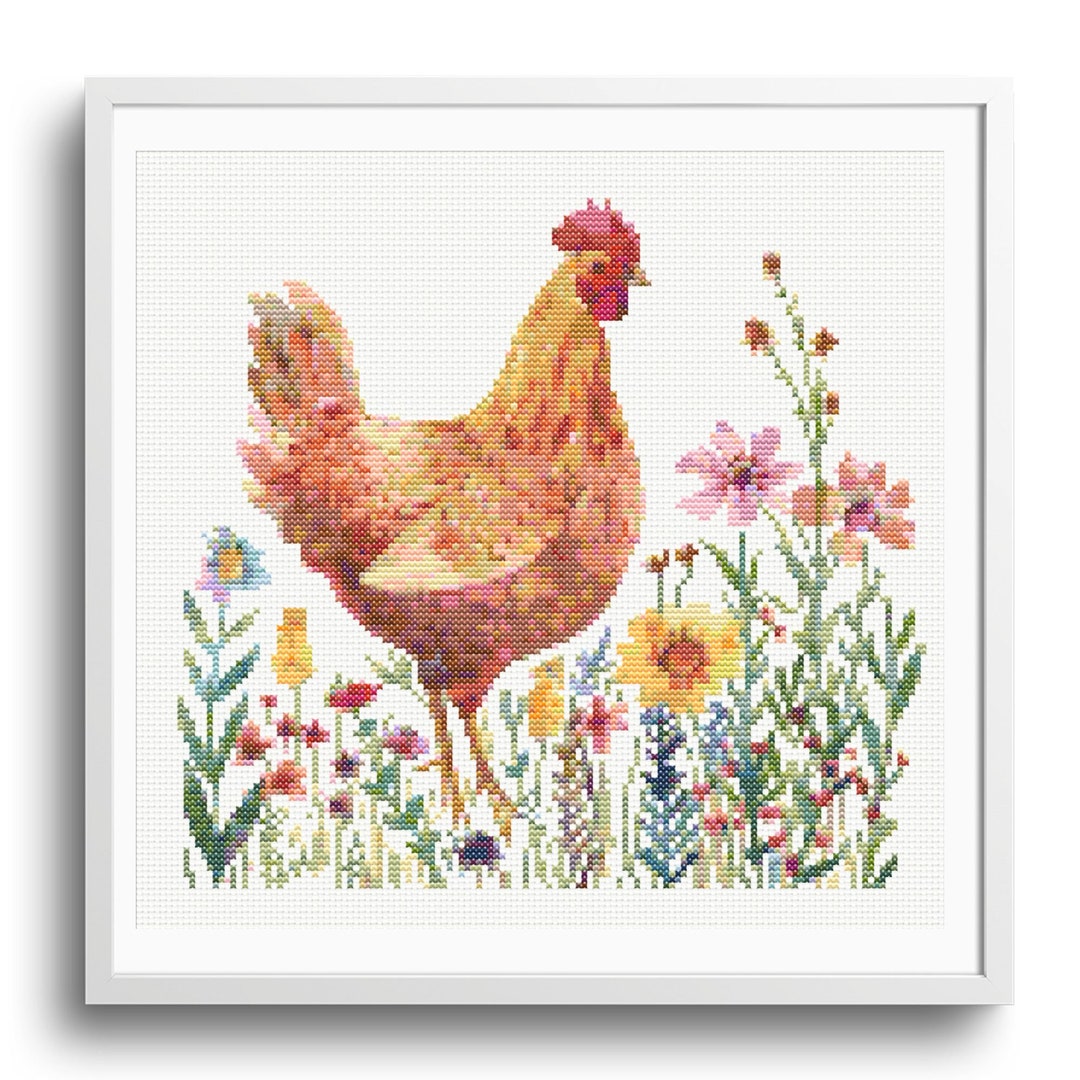 Chicken in Wildflowers Cross Stitch Pattern | Rustic Farmhouse Cross ...
