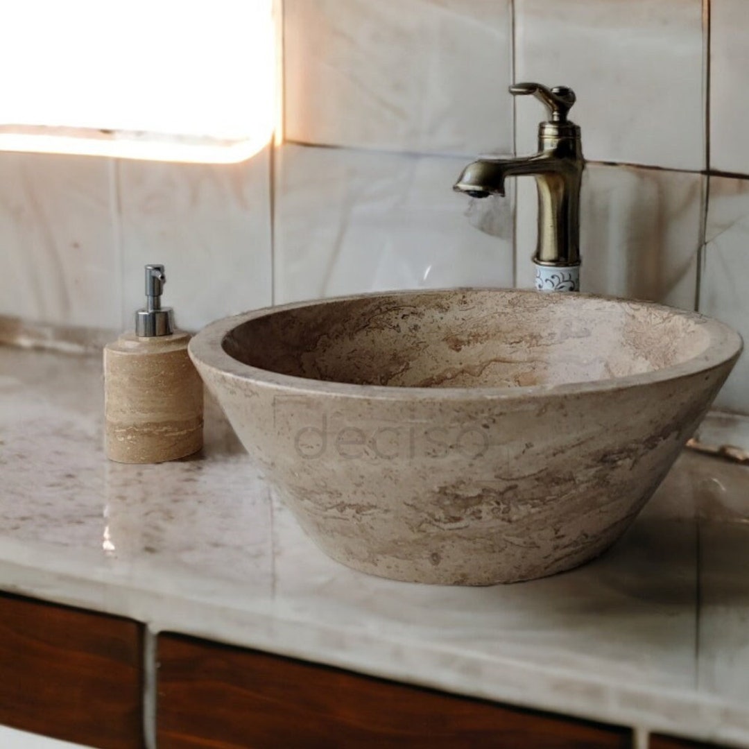 Noche Travertine Cone Marble Sink - Handmade Sink, Countertop Sink ...