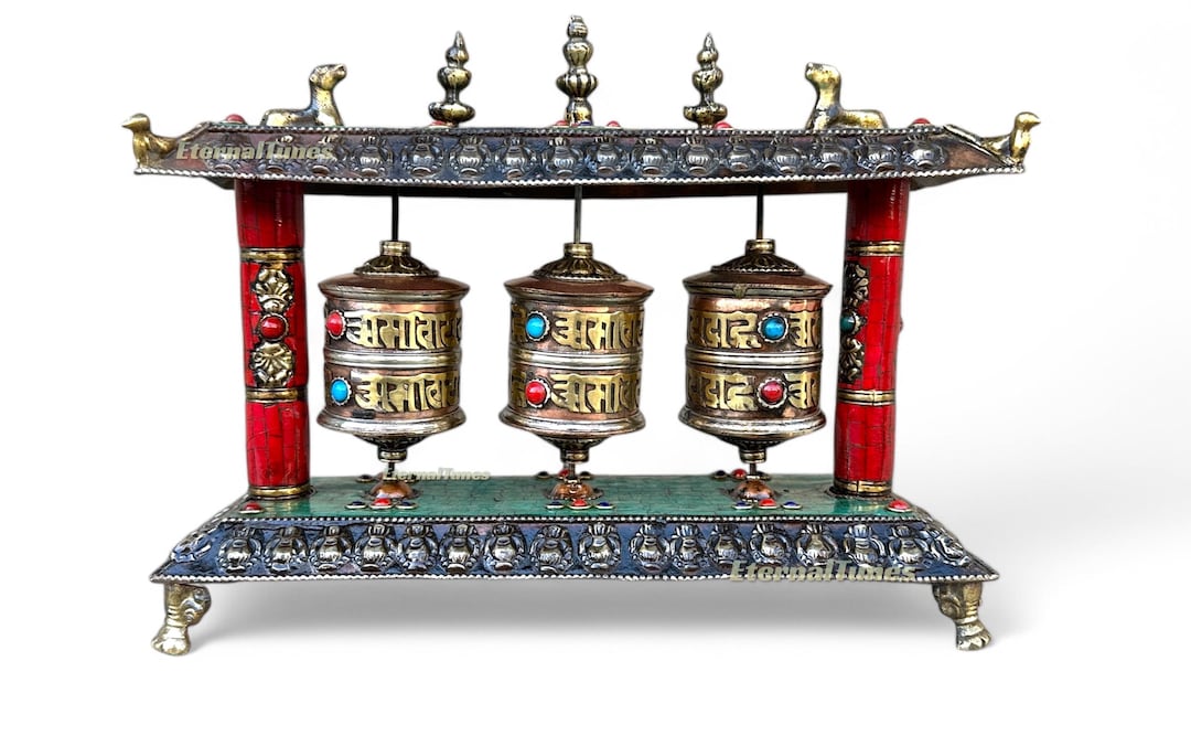 8.75 Inches Tibetan Buddhist Prayer Wheel, 3 Wheel Om Mani Padme Hum ...