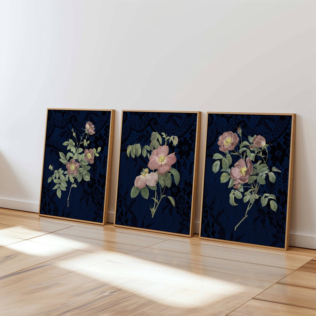 Vintage Floral Art Print Set | Pink Blossom, Black Lace (digital ...