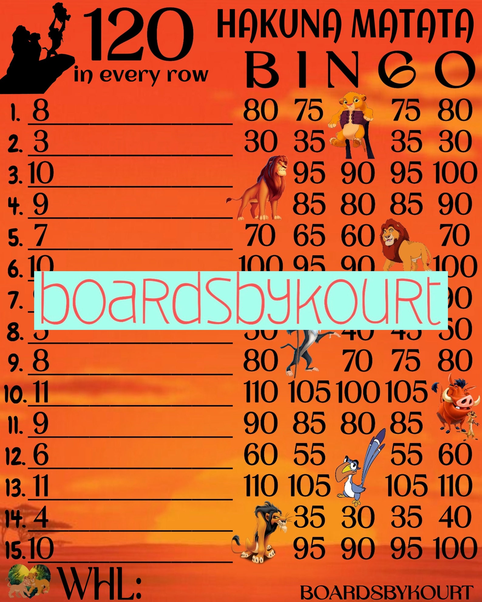 120 Wta Bingo Board - Etsy