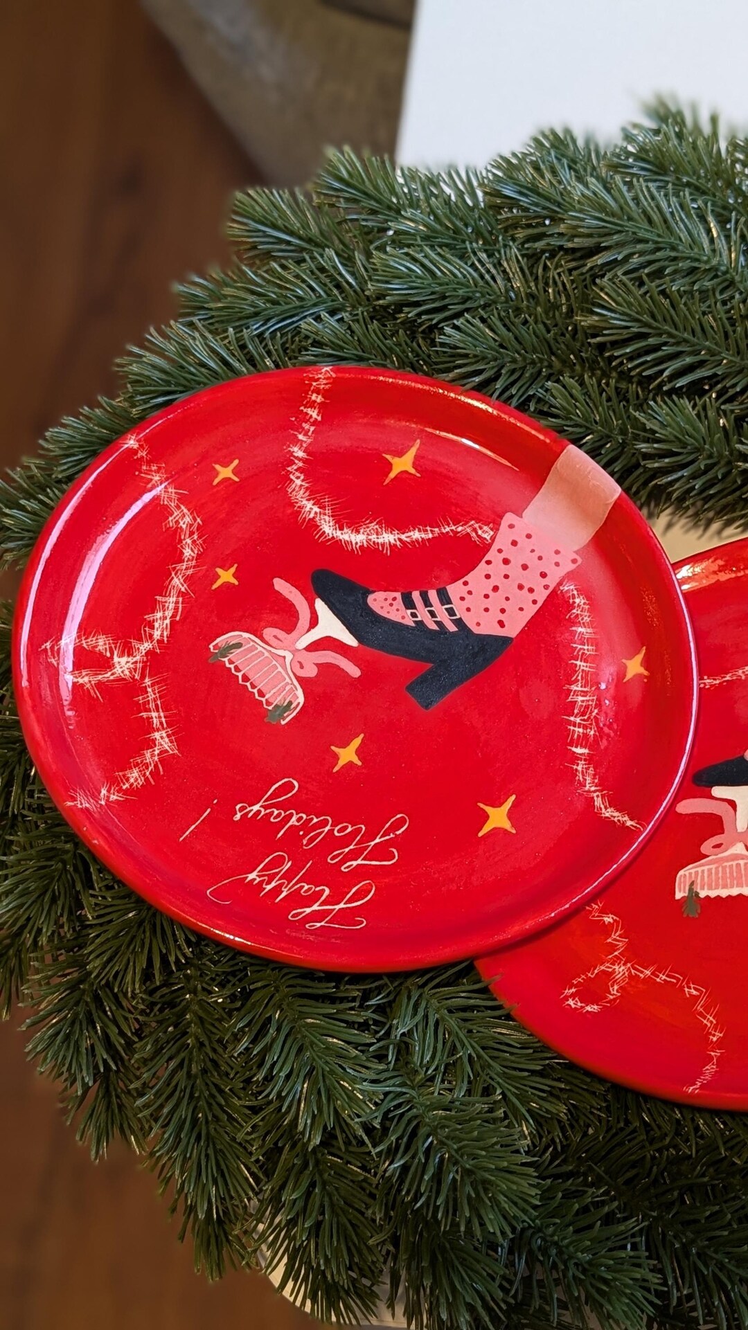 Happy Holidays Red Round Serving Plate, Handmade Ceramic Display Dish ...