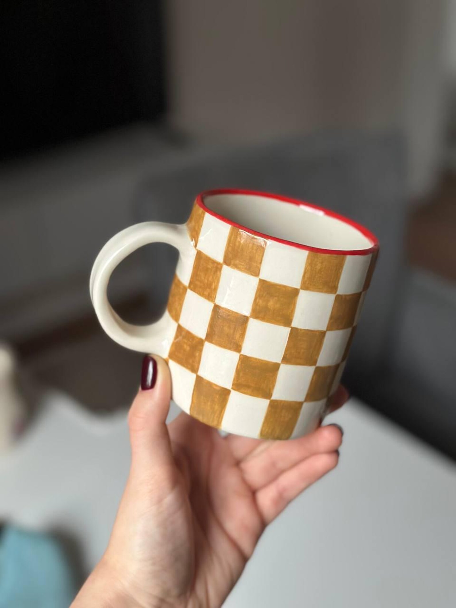 Retro Checkerboard Mug Hand-painted Big Golden Checkered Ceramic Mug ...