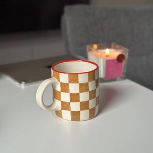 Retro Checkerboard Mug Hand-painted Big Golden Checkered Ceramic Mug ...
