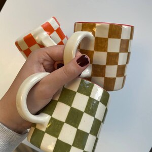 Retro Checkerboard Mug Hand-painted Big Golden Checkered Ceramic Mug ...