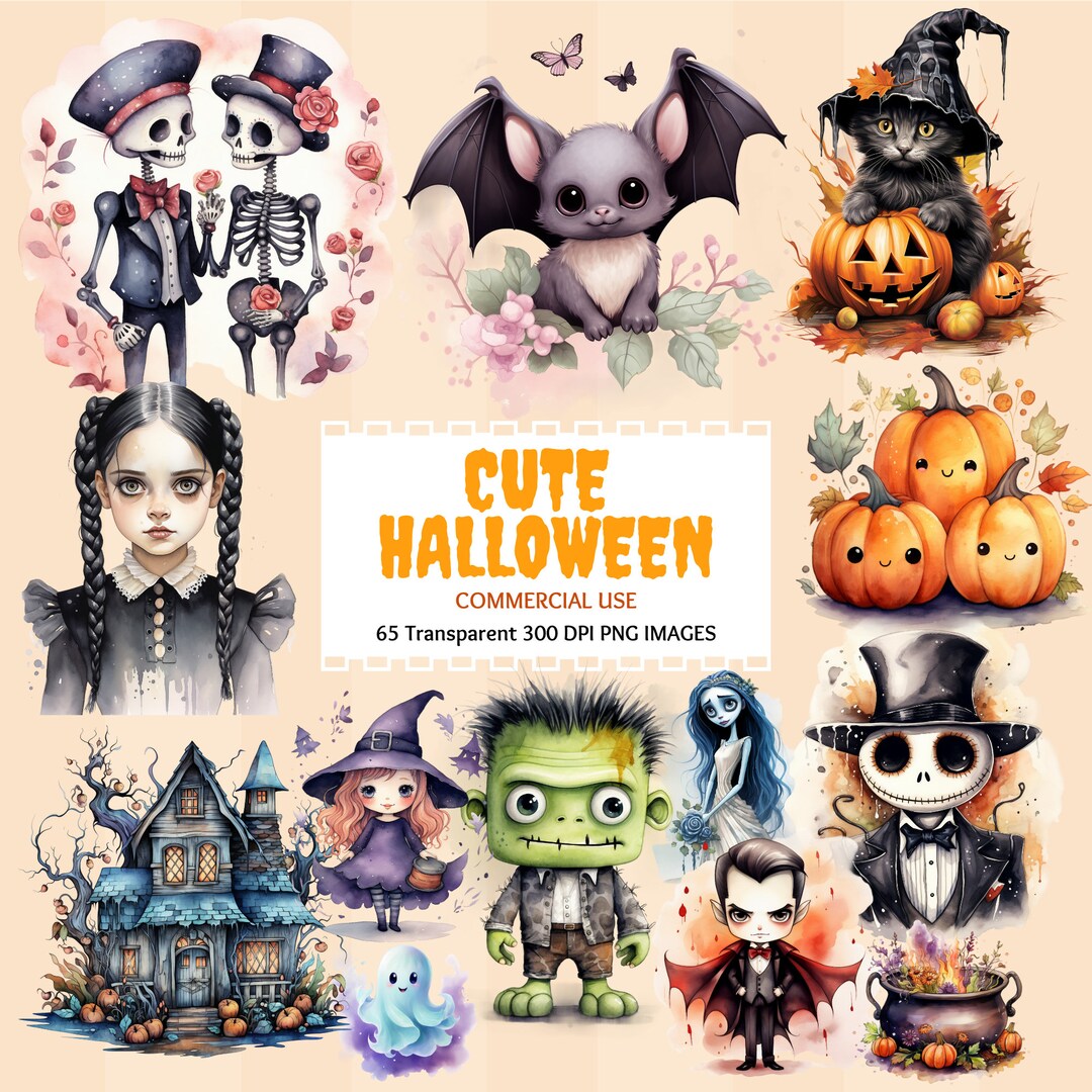 65 Halloween Cute Clipart Cute Characters Watercolour - Etsy