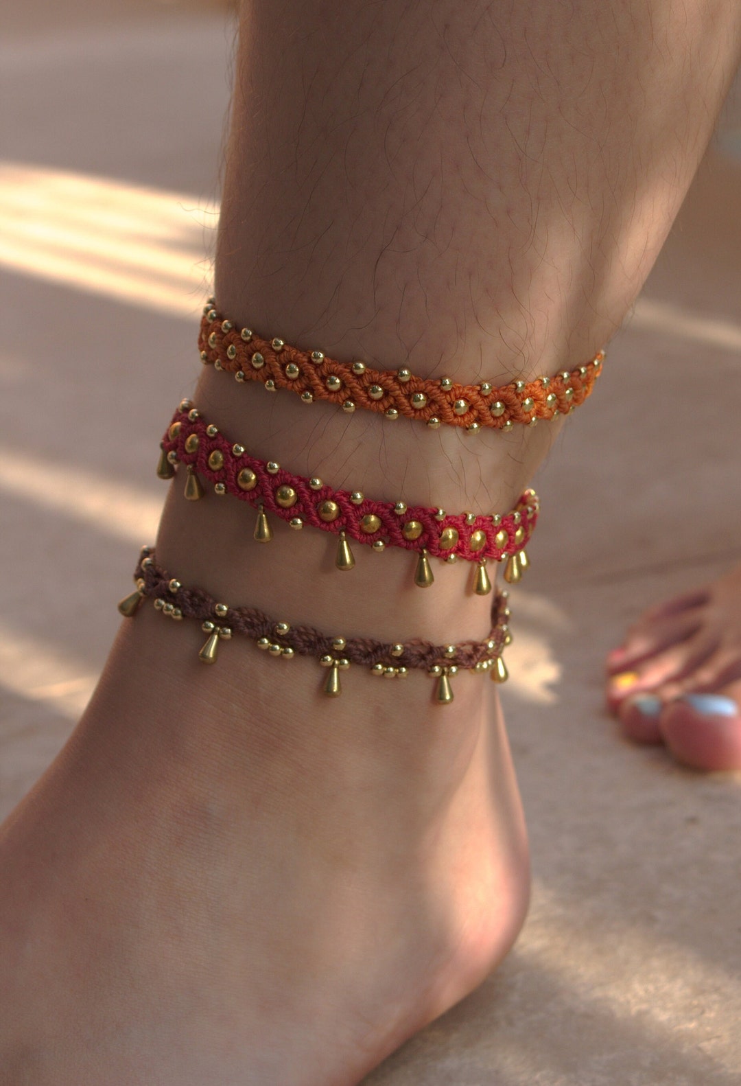 Macrame Anklet With Brass Beads – Boho Adjustable Ankle Bracelet ...