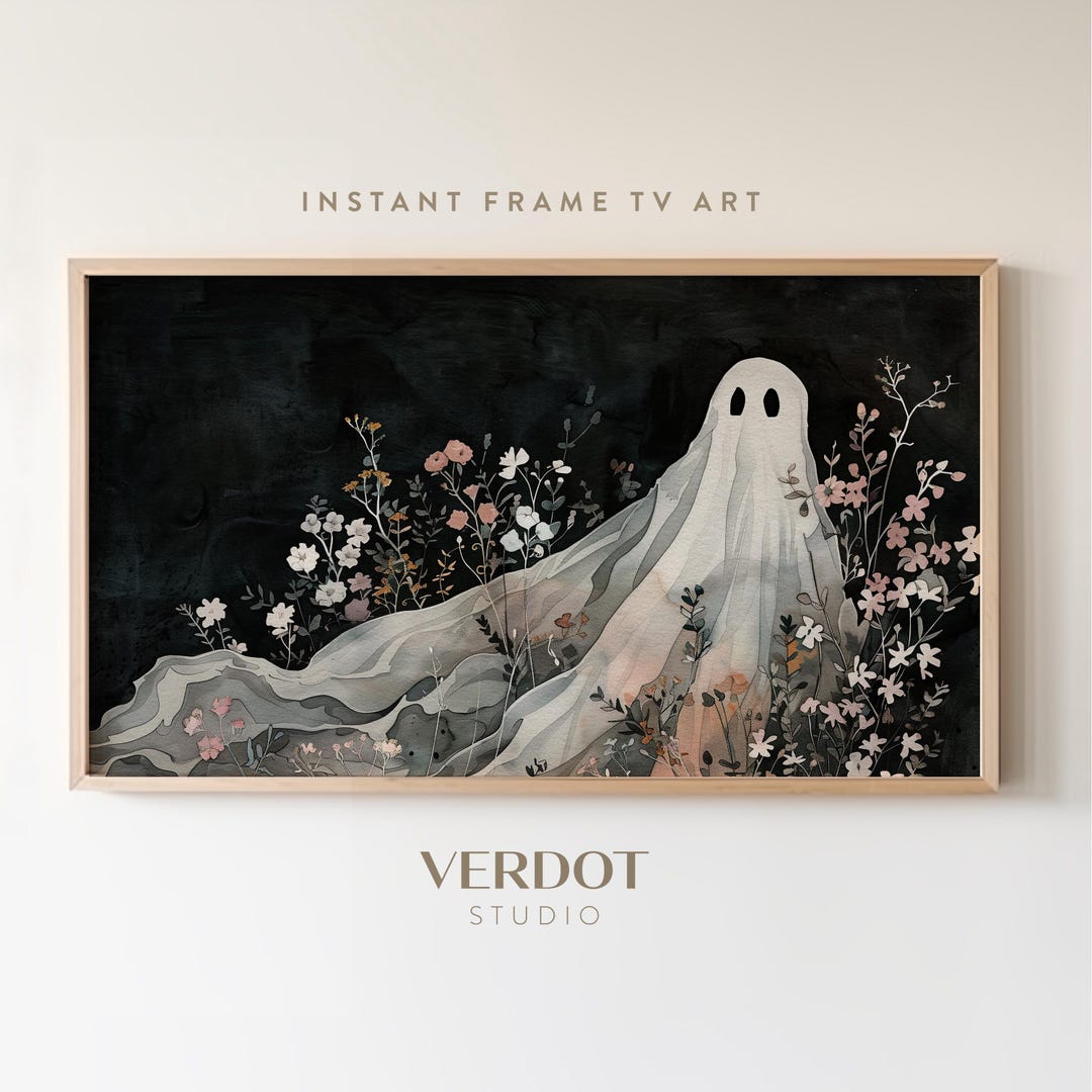 Halloween Ghost Frame TV Art, Fall Ghost and Flowers Painting, Neutral ...