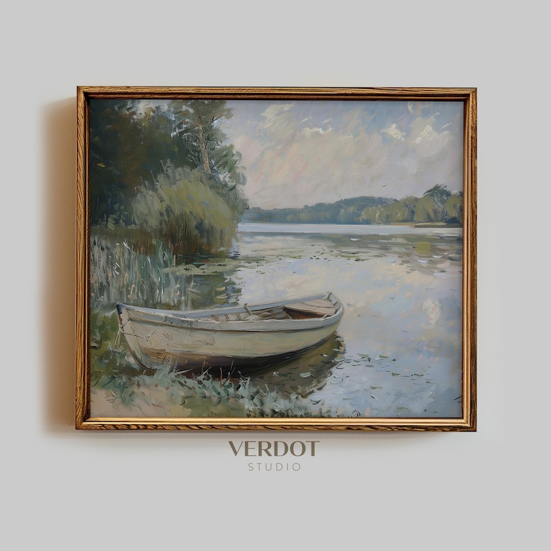 Boat Lake Painting Summer Printable Wall Art, Calm Spring Print ...