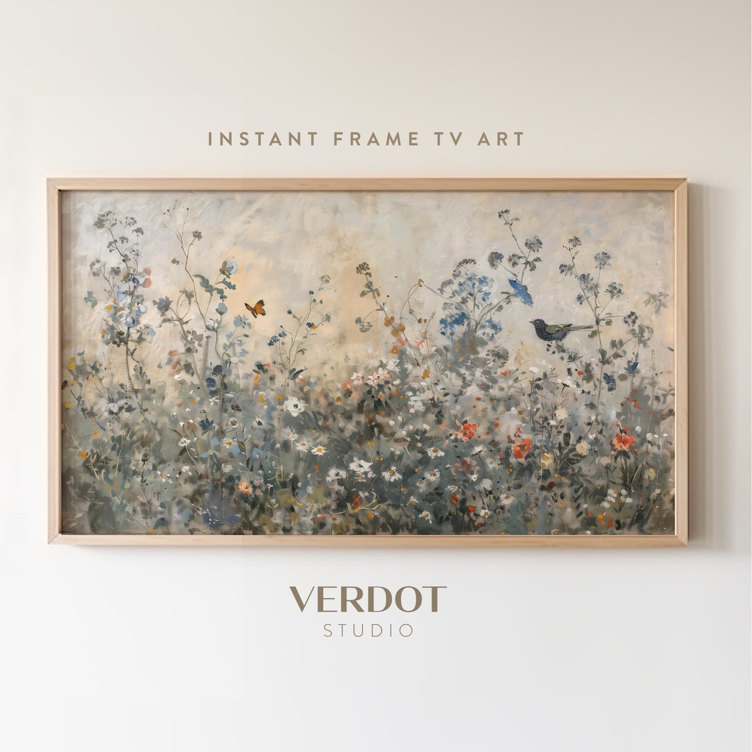 Muted Spring Wildflower Frame TV Art, Vintage Birds and Butterflies in ...