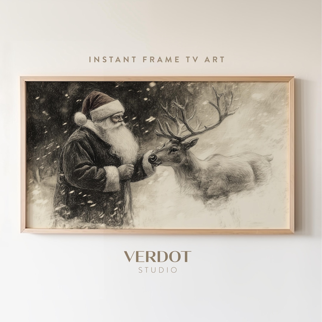 Vintage Santa Reindeer Christmas Frame Tv Art, Neutral Holiday Santa ...