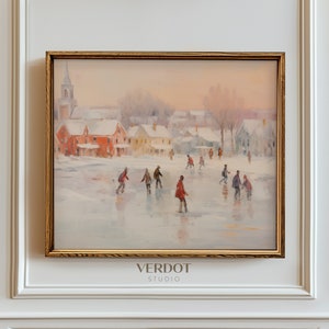 Vintage Ice Skaters Winter Print, Christmas Printable Wall Art, Small Village Town Painting ...