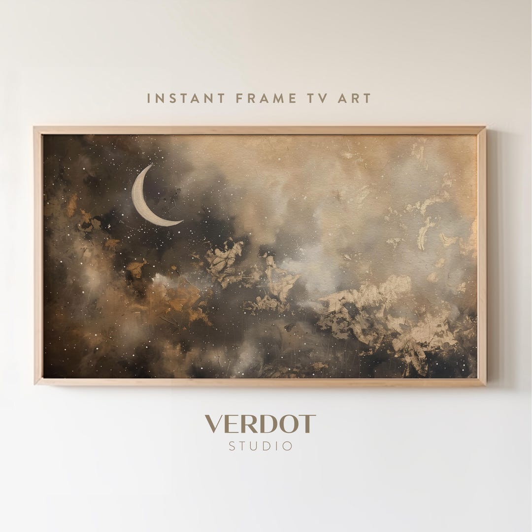Golden Moon Halloween Frame TV Art, Crescent Moon Night Sky Painting ...