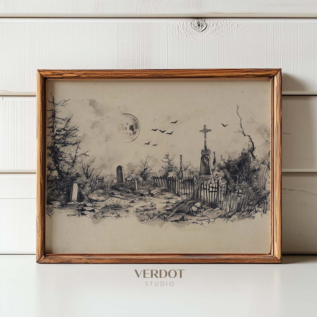 Graveyard Sketch Halloween Print, Halloween Decor Printable Wall Art ...
