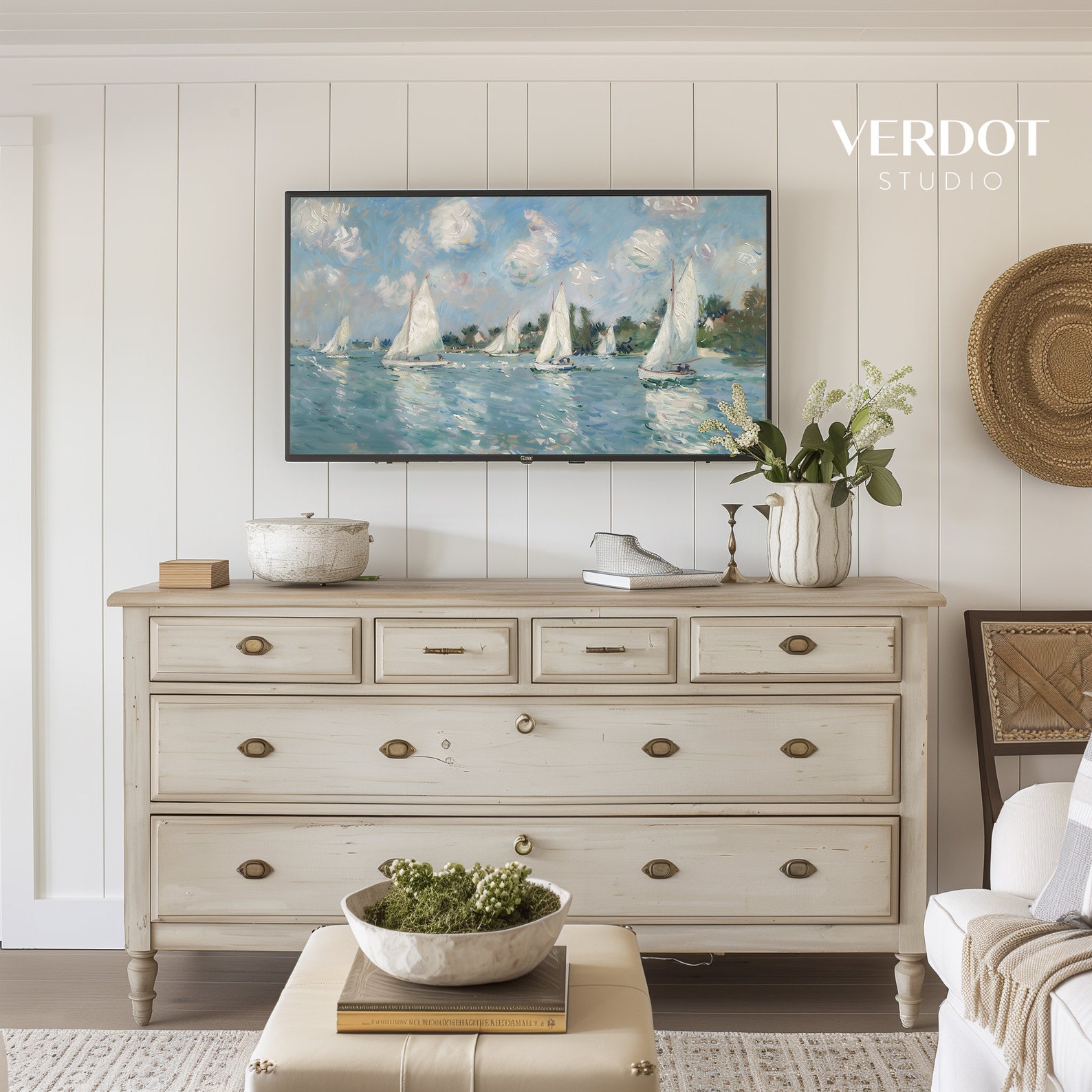 Coastal Sailboat Frame TV Art, Vintage Style Seascape Lake Painting ...