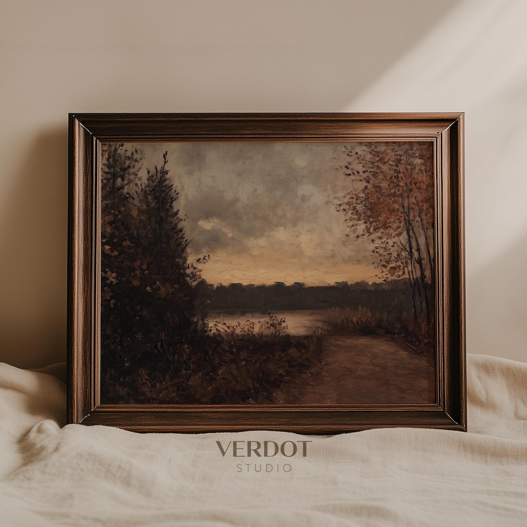 Moody Vintage Fall Landscape Print, Dark Brown Autumn Painting, Fall ...