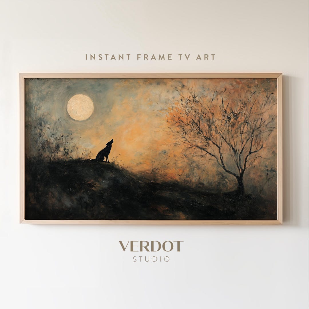 Wolf Moon Halloween Frame TV Art, Vintage Fall Night Painting, Wolf ...
